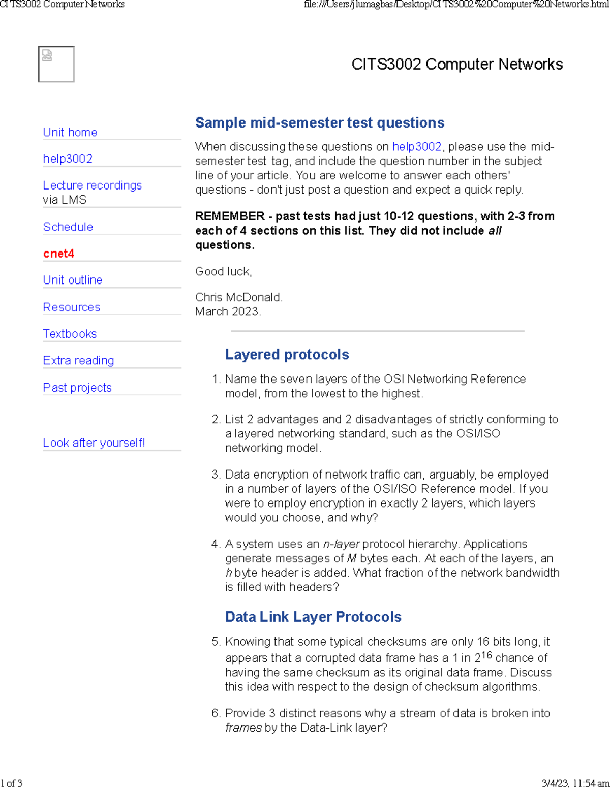 CITS3002 Computer Networks - You are welcome to answer each others' questions - don't just post ...