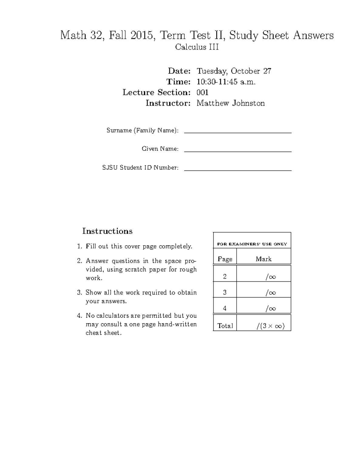 MATH 32 Test 2 - Test paper - Math 32, Fall 2015, Term Test II, Study ...