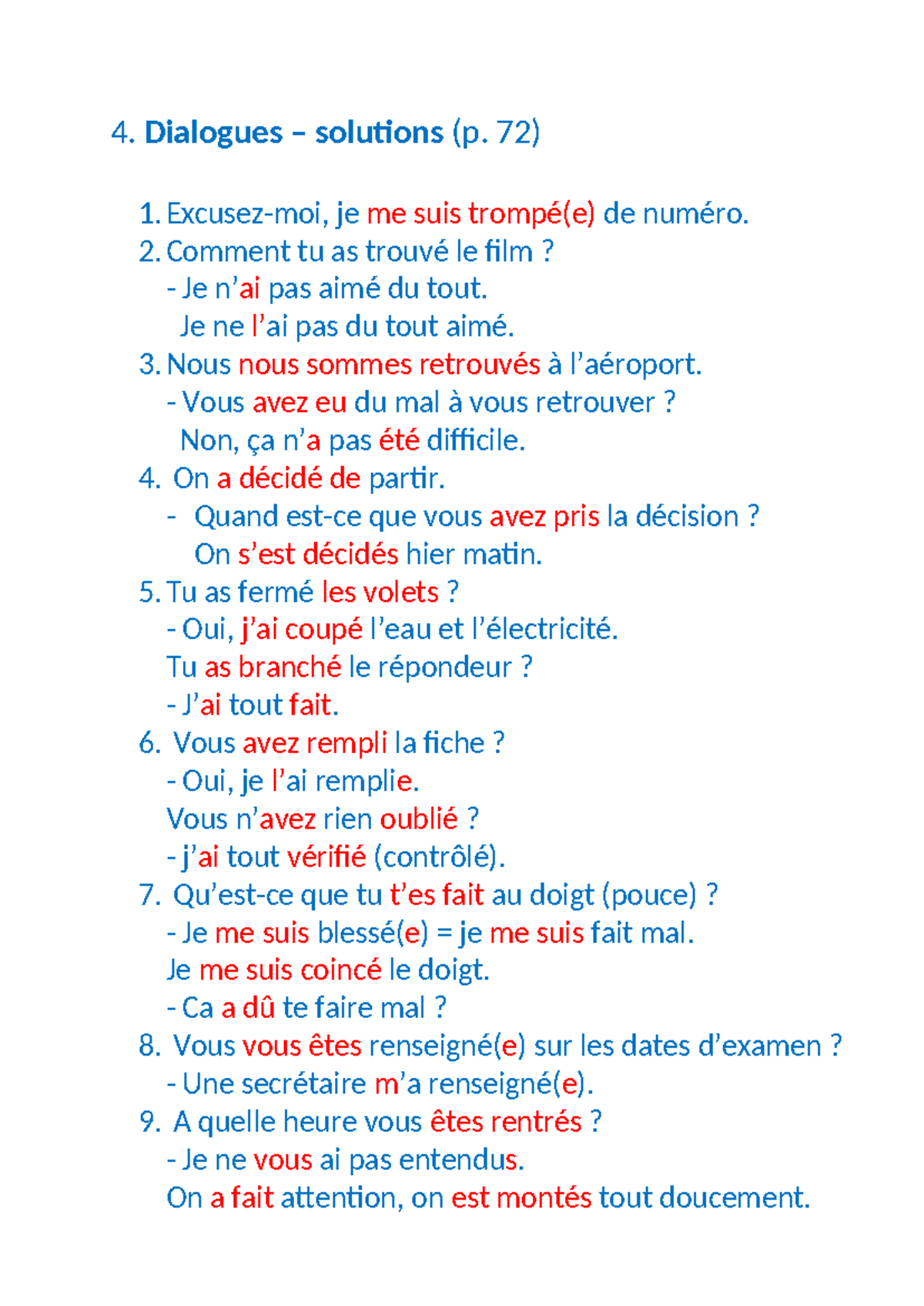 Einheit 06 Passe Compose Exercice Dialogues - 4. Dialogues – solutions ...