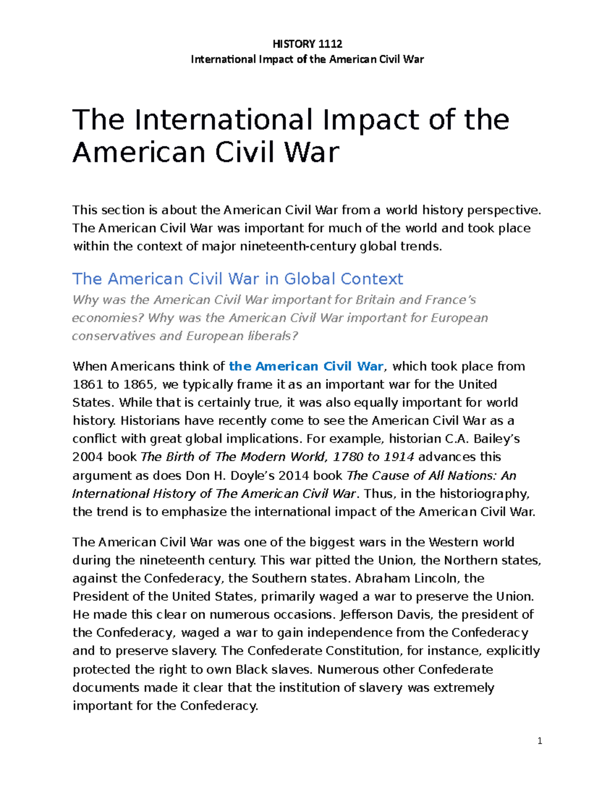 HIST 1112 - International Impact of the American Civil War ...