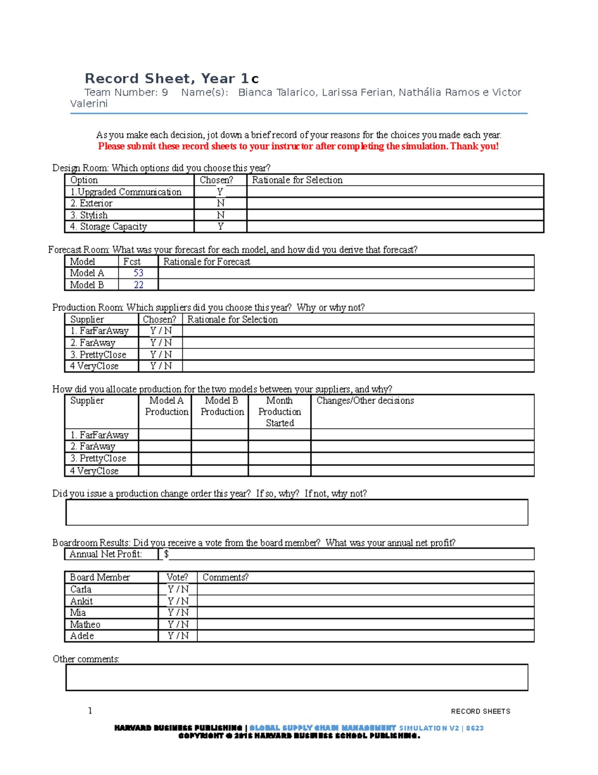 Gscmv 2 Record Sheets English - Record Sheet, Year 1c Team Number: 9 ...