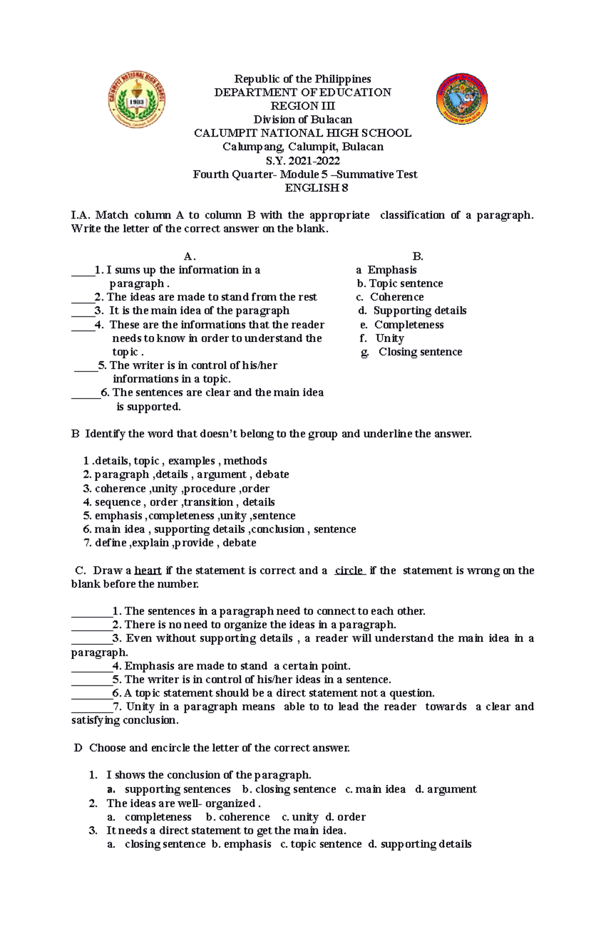 4th quarter module 3 Summative test - Republic of the Philippines ...
