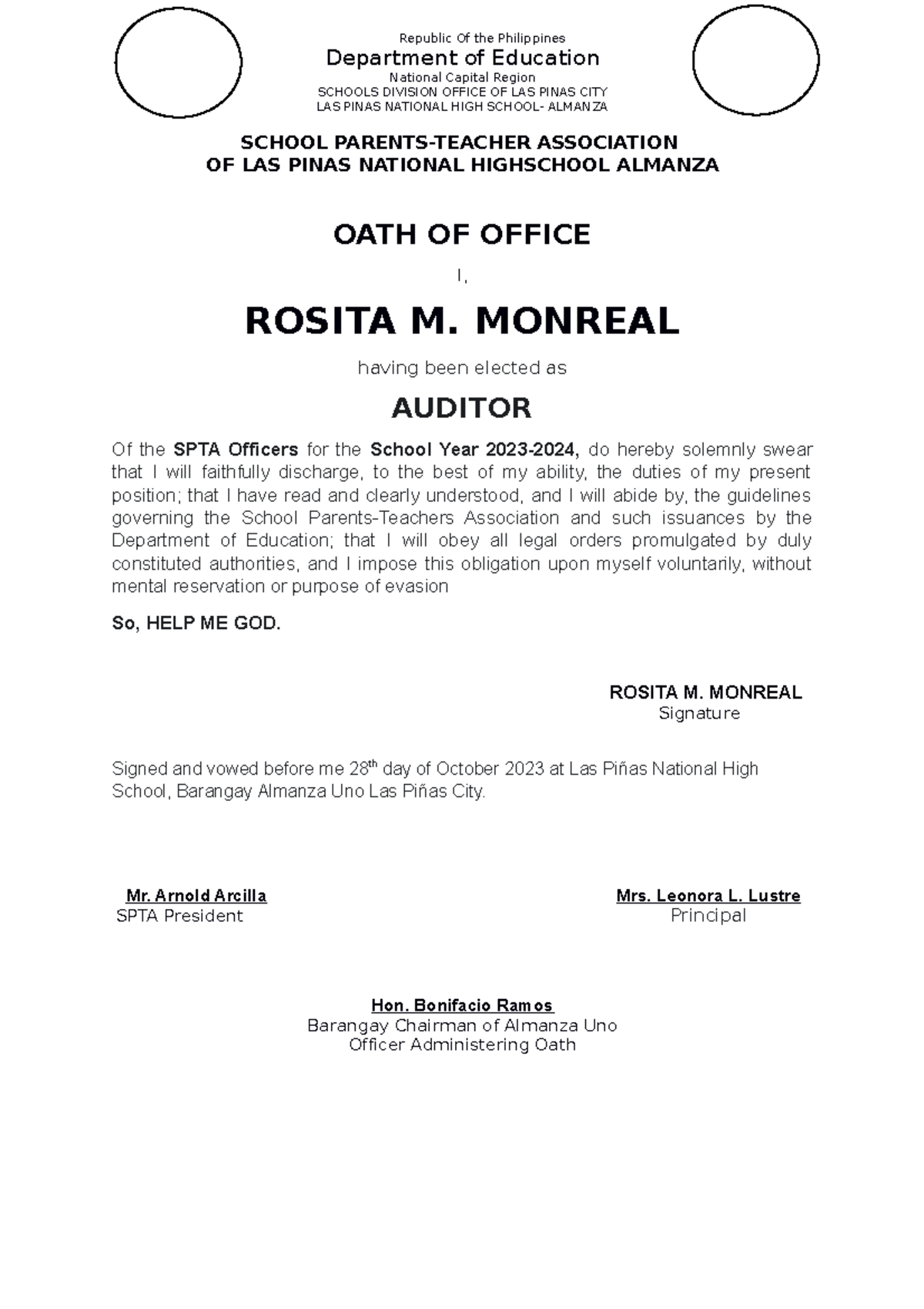 Oath-2 - Teacher - Republic Of the Philippines Department of Education ...