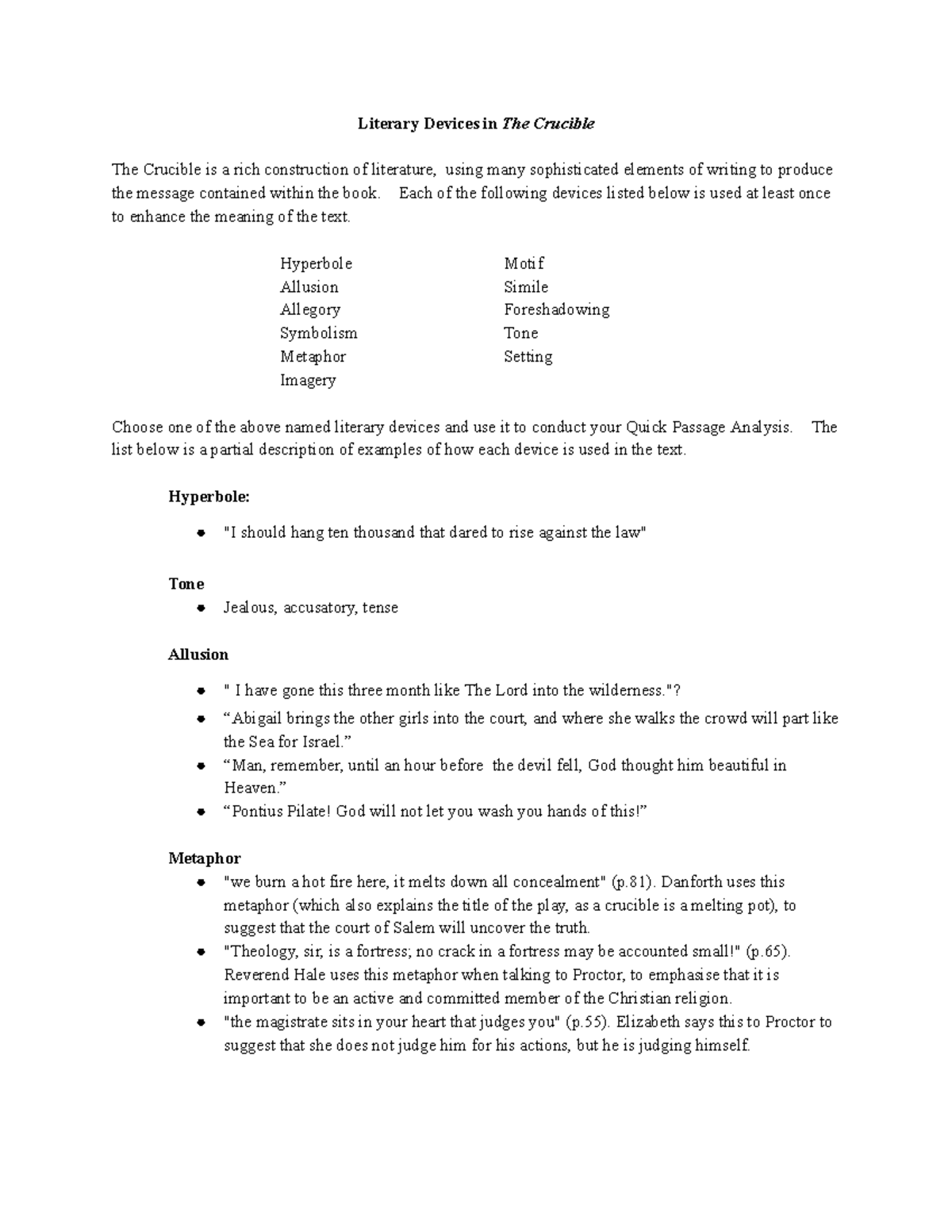 Literary Devices in The Crucible - Each of the following devices listed ...