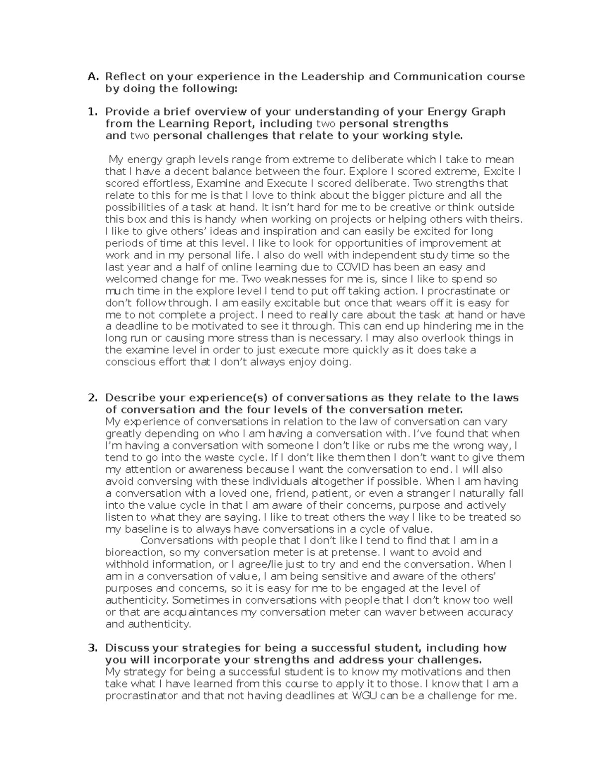 Task 3 for C820, WGU - A. Reflect on your experience in the Leadership ...