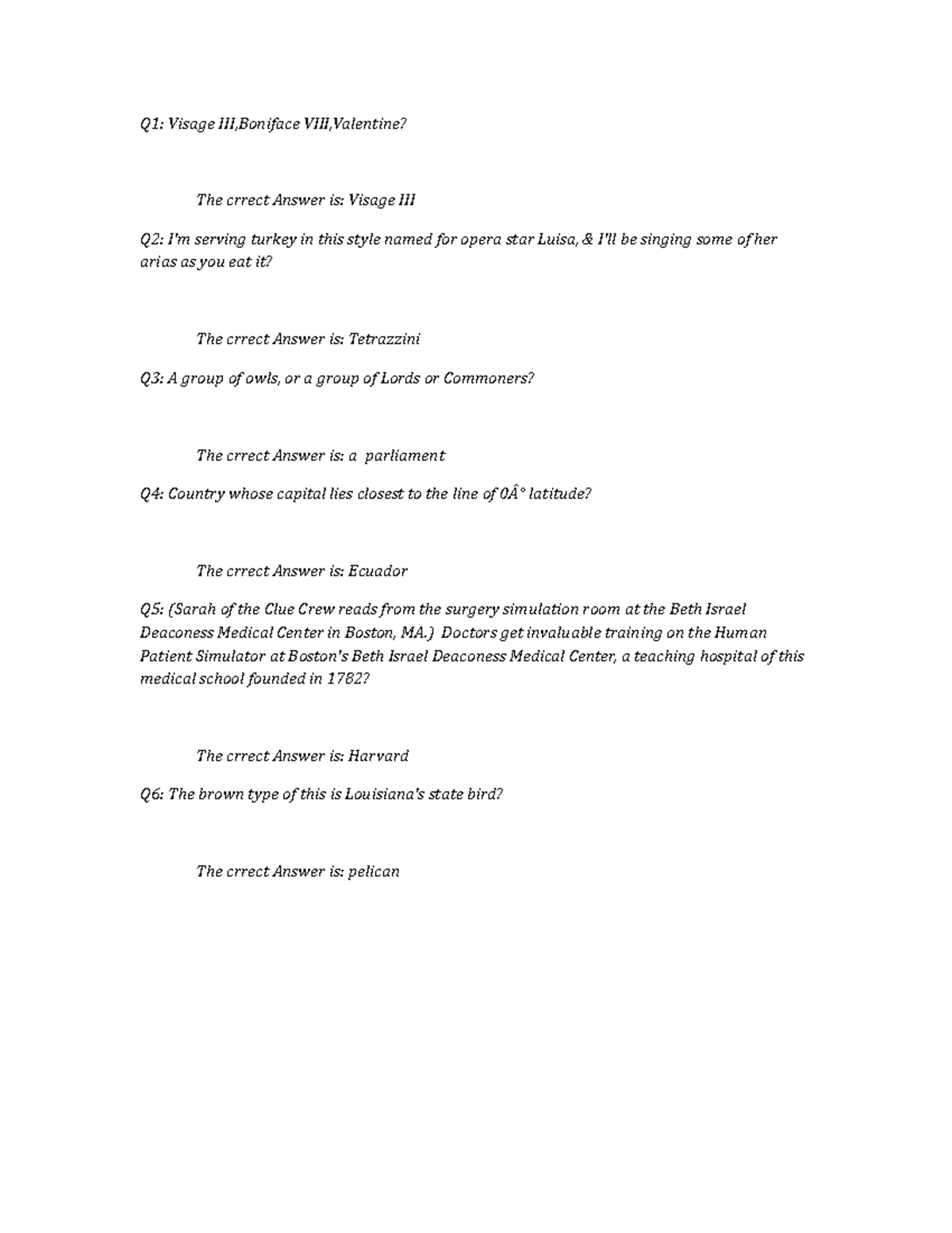 3 Answer Key for MHHO - ytytt - Q1: Visage III,Boniface VIII,Valentine ...