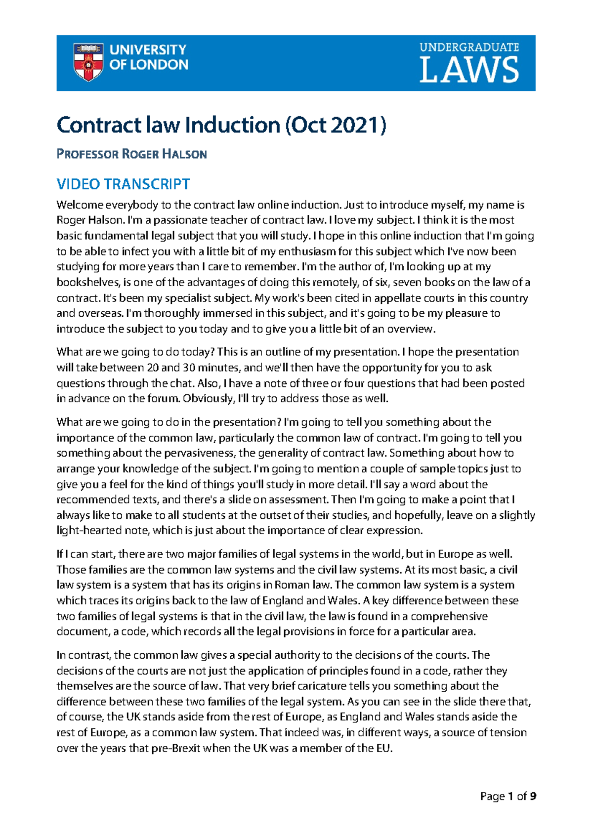 Contract Induction 2021 - Transcript - Contract law Induction (Oct 2021) VIDEO TRANSCRIPT ...