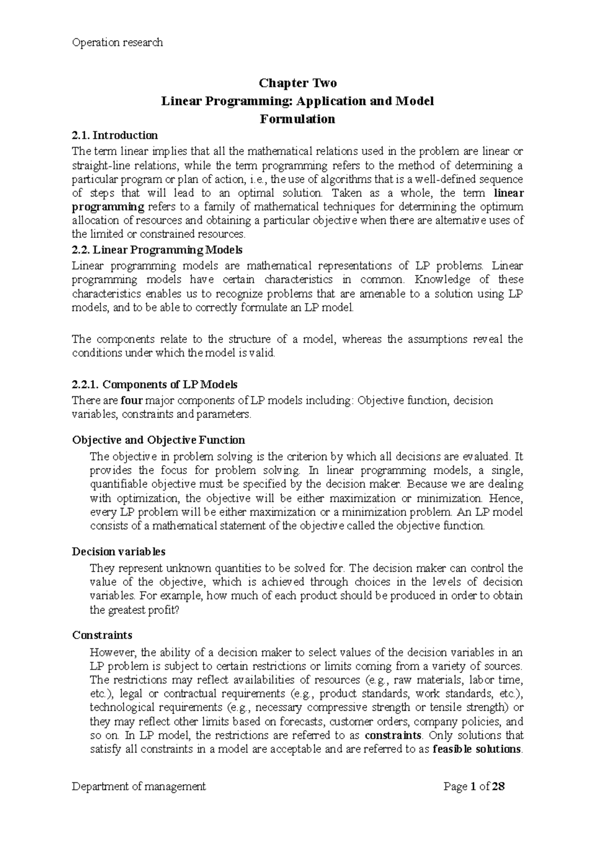 OR ch2 - it is important for student - Chapter Two Linear Programming: Application and Model ...