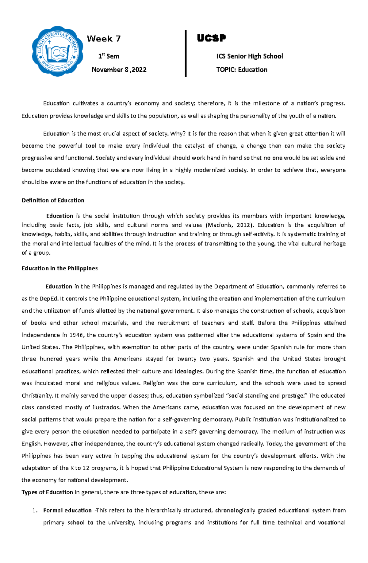 Week 7 UCSP - Education - Week 7 UCSP 1 st Sem ICS Senior High School ...