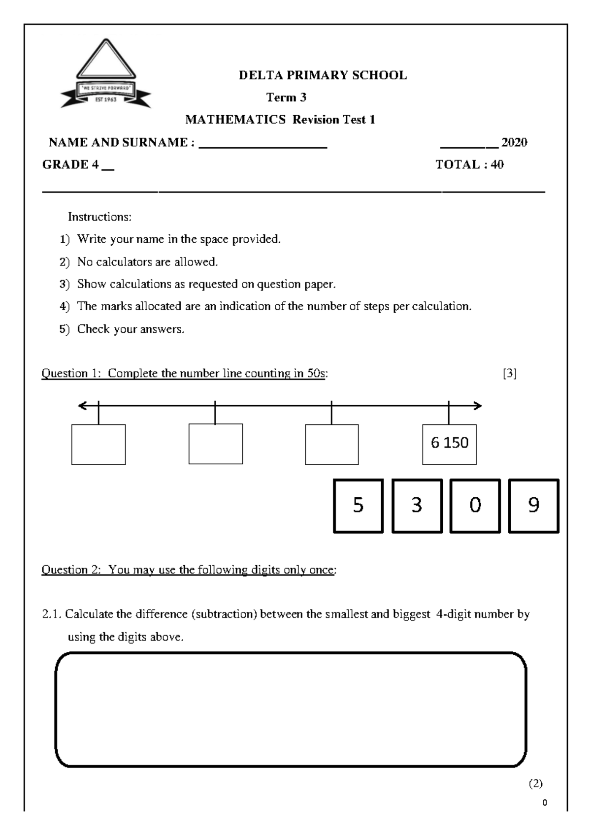 Grade 4 Mathematics Revision Test Term 3 No 1 - DELTA PRIMARY SCHOOL ...
