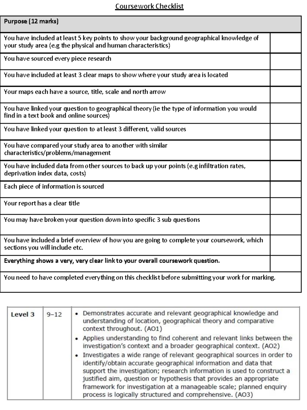 Coursework checklist updated - Coursework Checklist Purpose (12 marks) You have included at ...