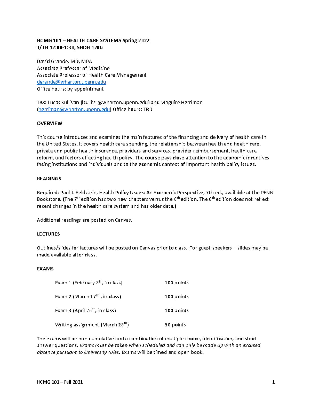 HCMG 101 Syllabus Spring 2022 - HCMG 101 – HEALTH CARE SYSTEMS Spring ...