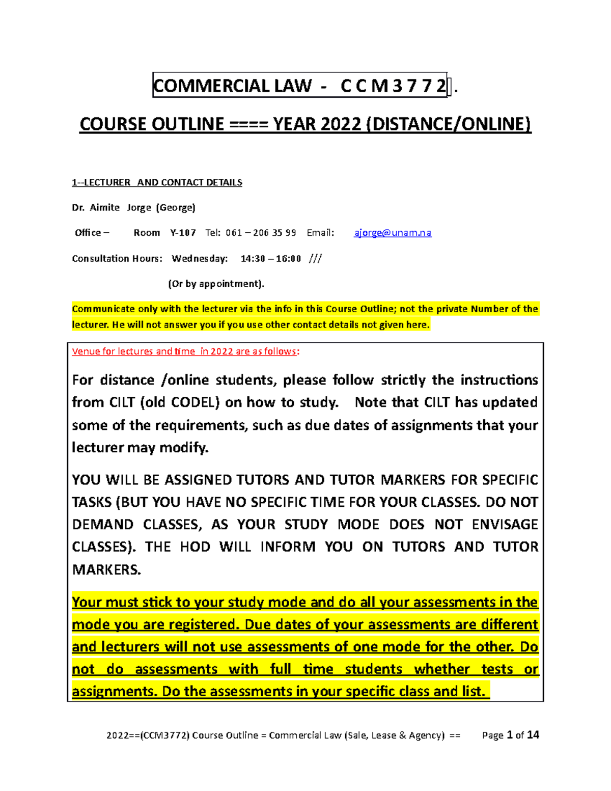 Coure Outline Commercial Law CCM3772 [YEAR=2022 ( Distance= Online ...