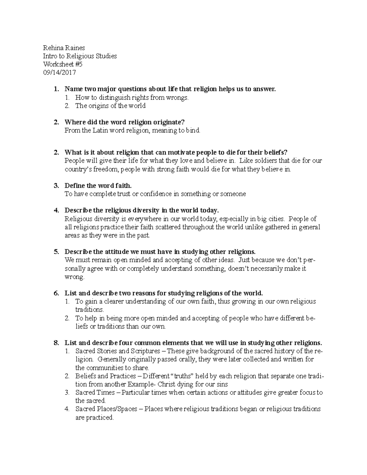 Assignment Worksheet 5 - Rehina Raines Intro to Religious Studies ...