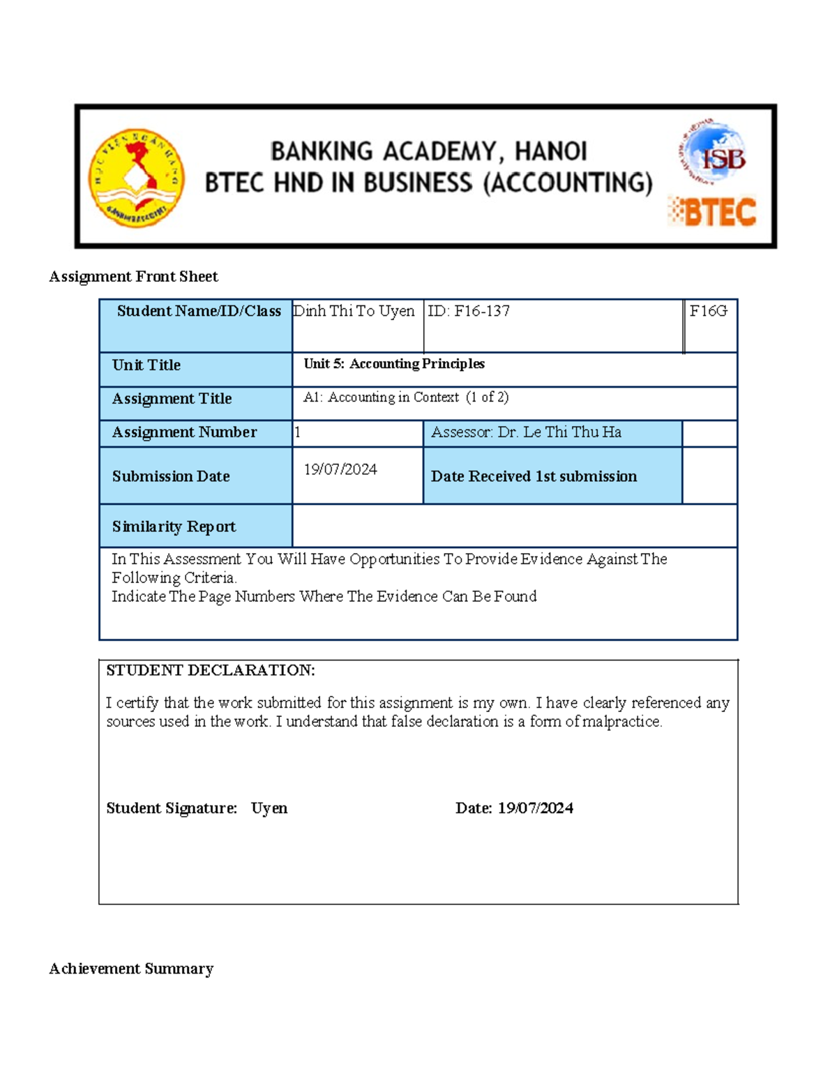 Assignment Front Sheet - Assignment Front Sheet Student Name/ID/Class ...