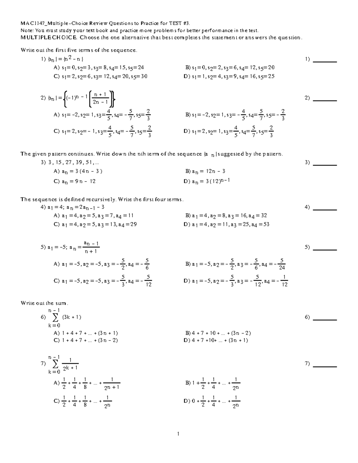 MAC1147 Review Questions Practice Test#3 with Answer Key - MAC1147 ...