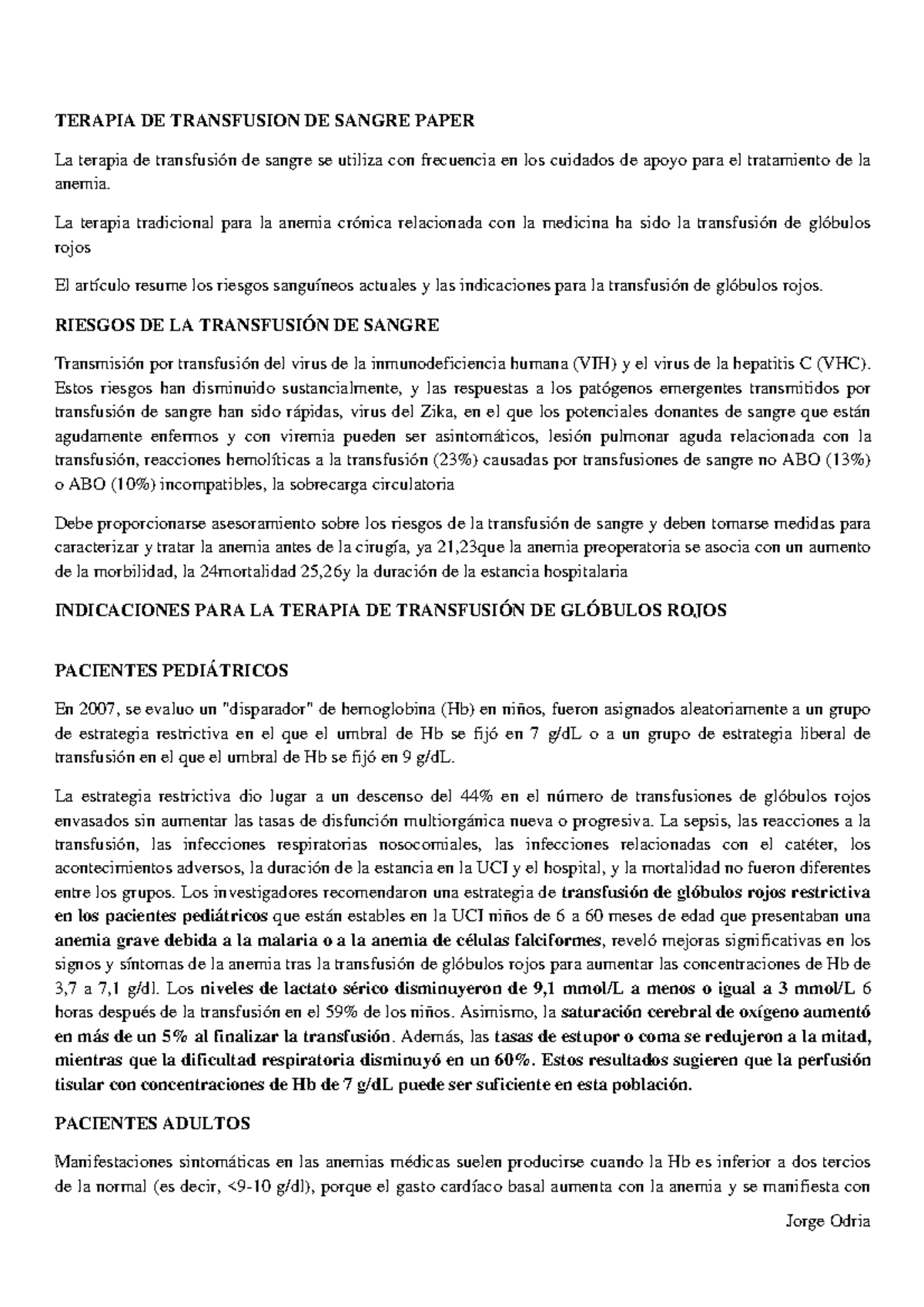 Terapia DE Transfusion DE Sangre Paper - Jorge Odria TERAPIA DE ...