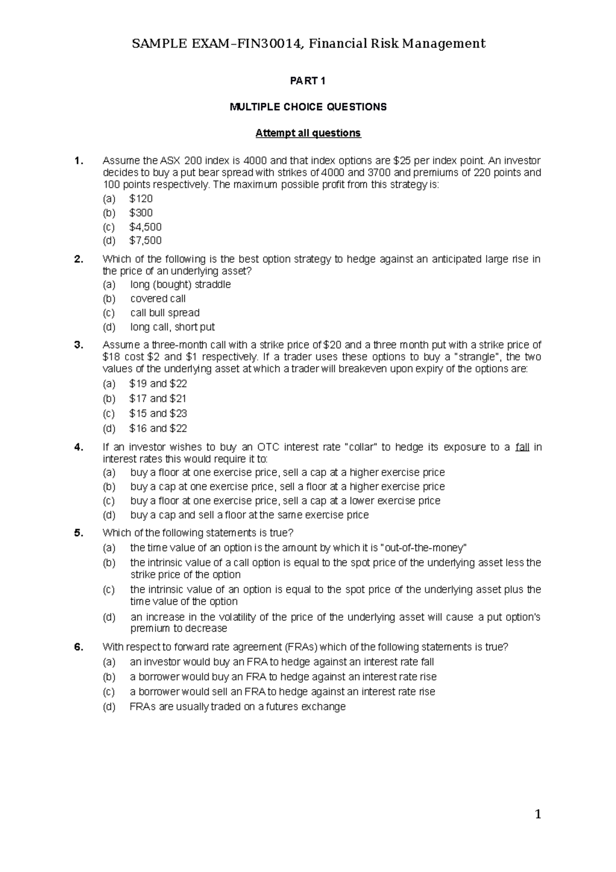 Sample Exam FIN30014 - PART 1 MULTIPLE CHOICE QUESTIONS Attempt all ...