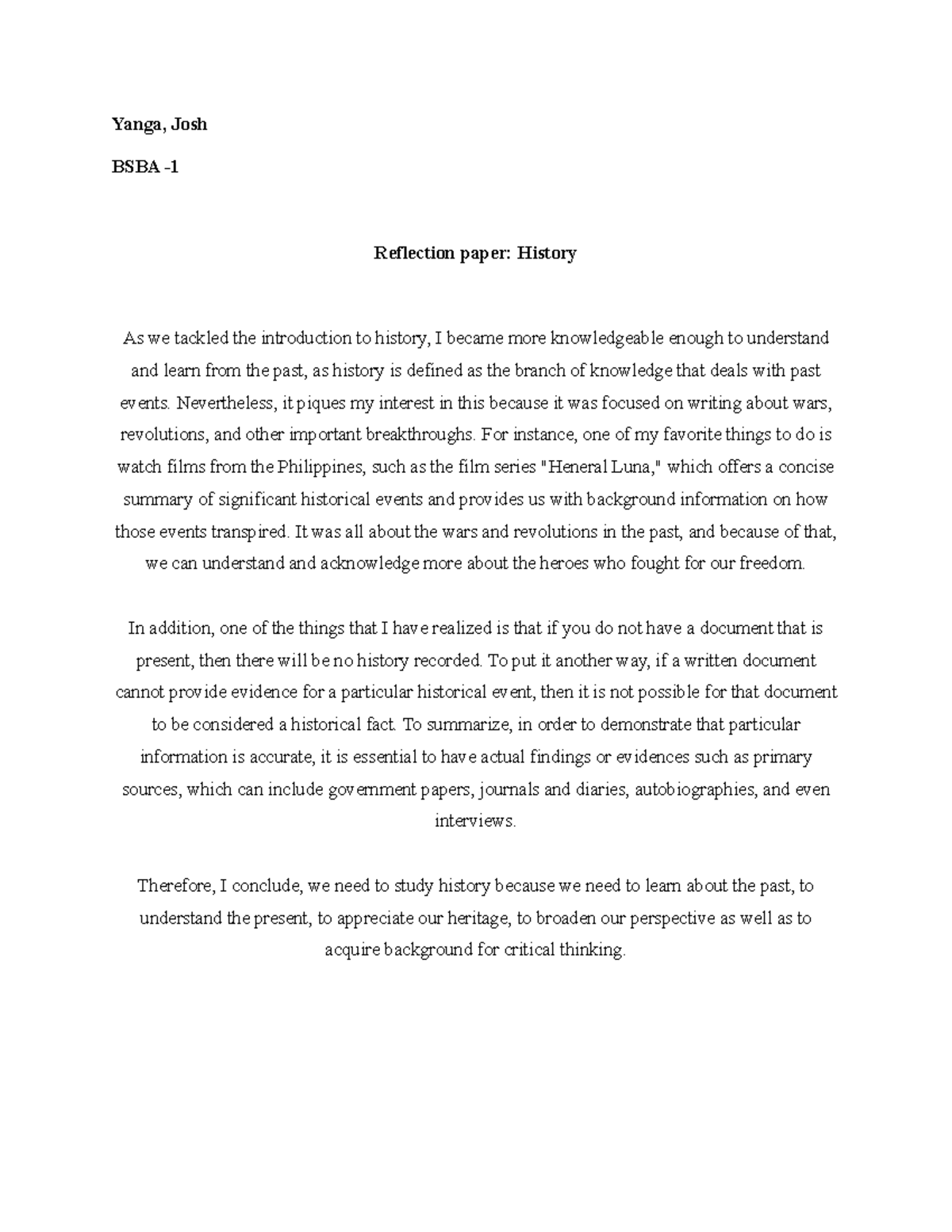 Josh,Yanga - History - Yanga, Josh BSBA - Reflection paper: History As ...