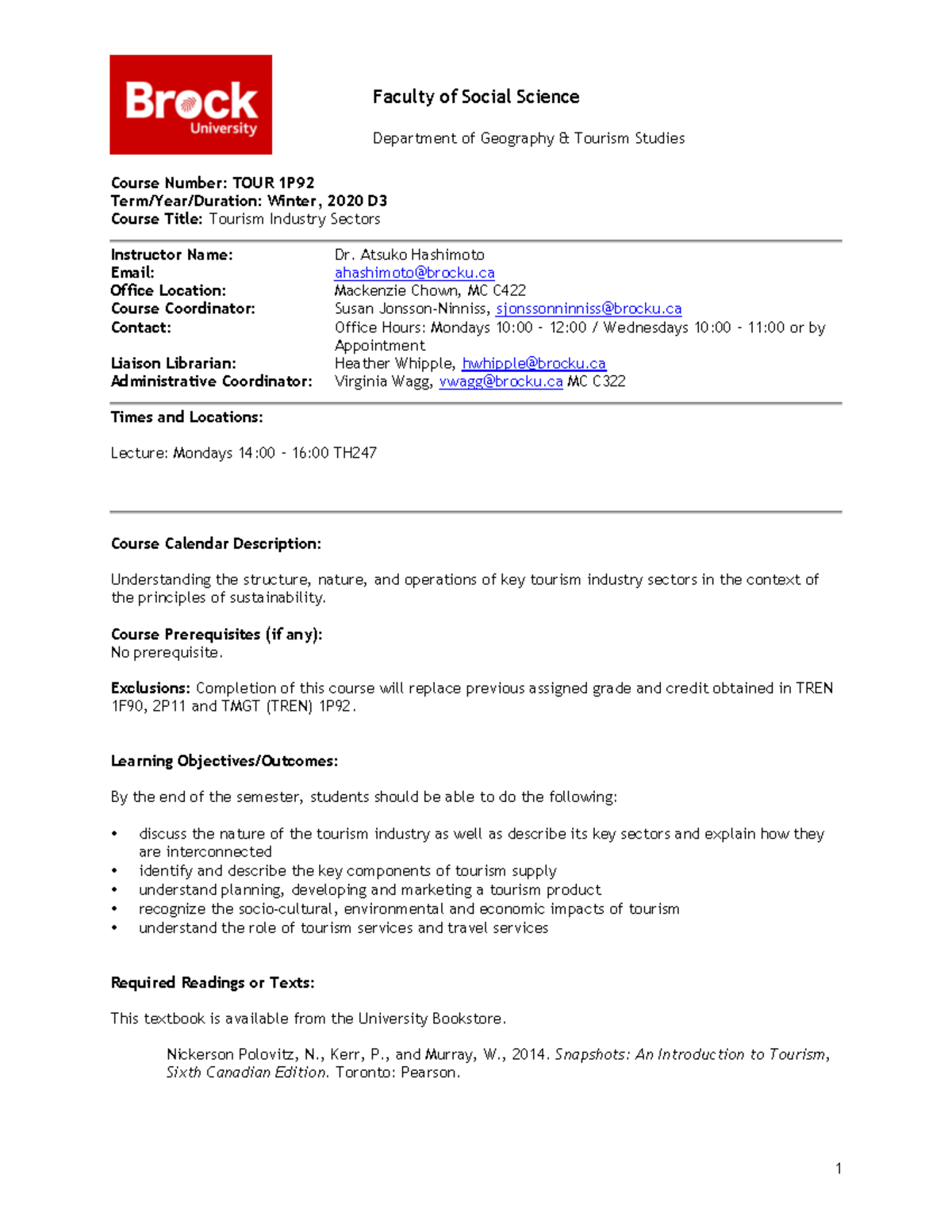 TOUR1P92 Course Outline D3 2020 Final 2020-01-04 - Course Number: TOUR ...