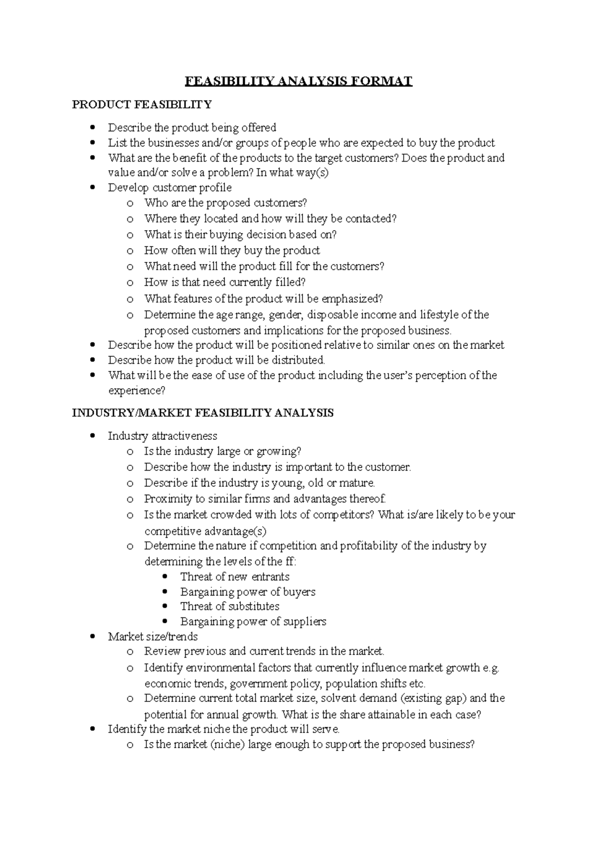 Feasibility Analysis - Lecture notes 1 - FEASIBILITY ANALYSIS FORMAT ...