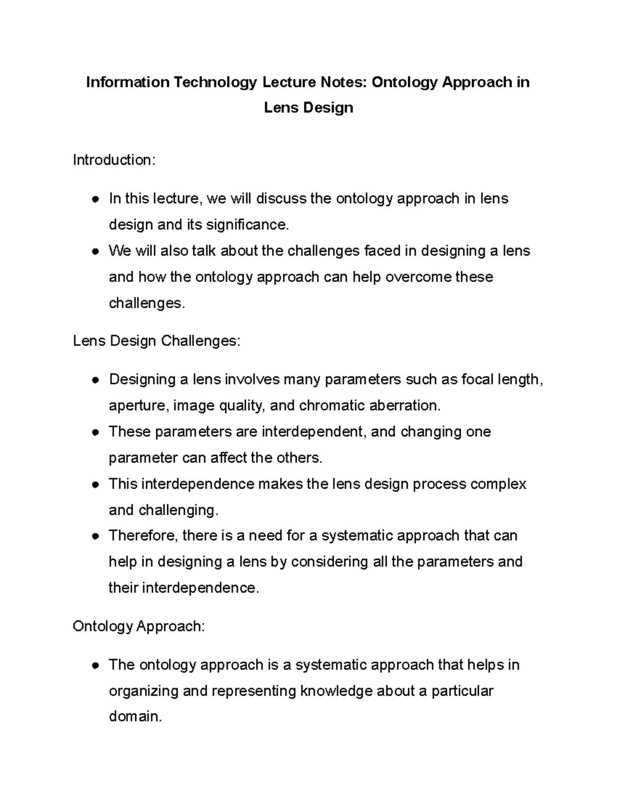 Information Technology Lecture Notes Ontology Approach In Lens Design Information Technology