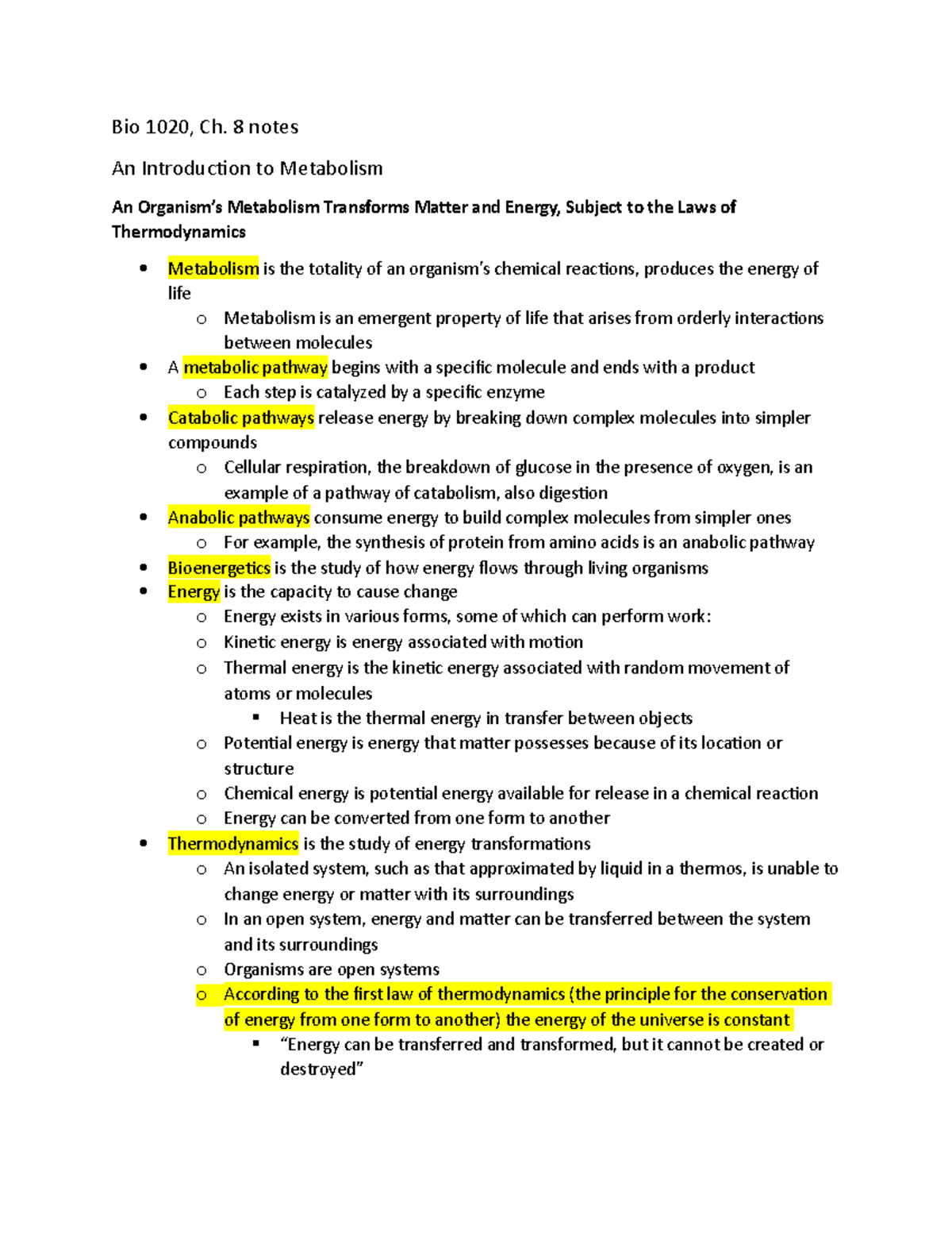 BIO 1020 Ch 8 notes - Dr. Meghan Kelley - Bio 1020, Ch. 8 notes An ...