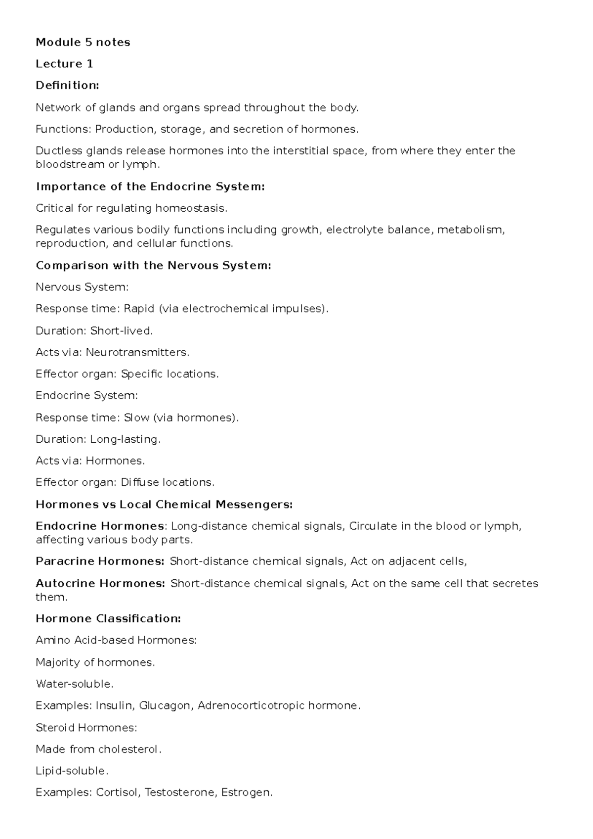 Module 5 Notes - Module 5 notes Lecture 1 Definition: Network of glands ...
