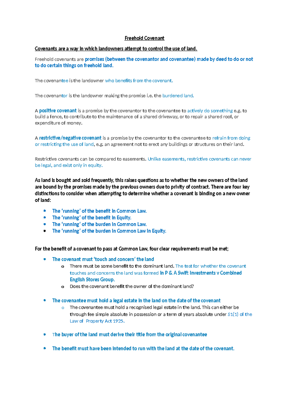 Freehold Covenant - land law lecture notes. - Freehold Covenant ...