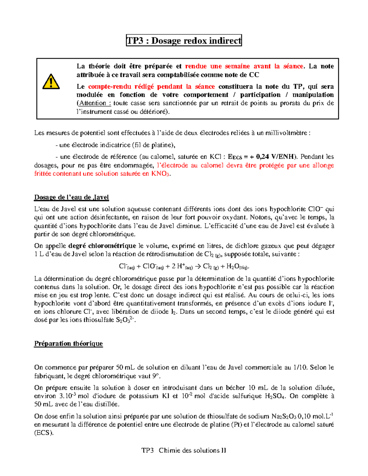 Enoncés TP3 2022-23 V01 - TP3 Chimie des solutions II TP3 : Dosage redox indirect La théorie ...