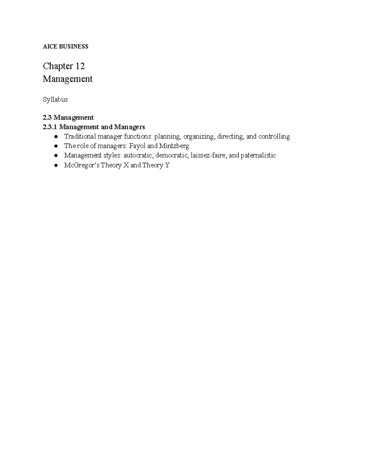 Chapter 12 - Management - AICE BUSINESS Chapter 12 Management Syllabus ...
