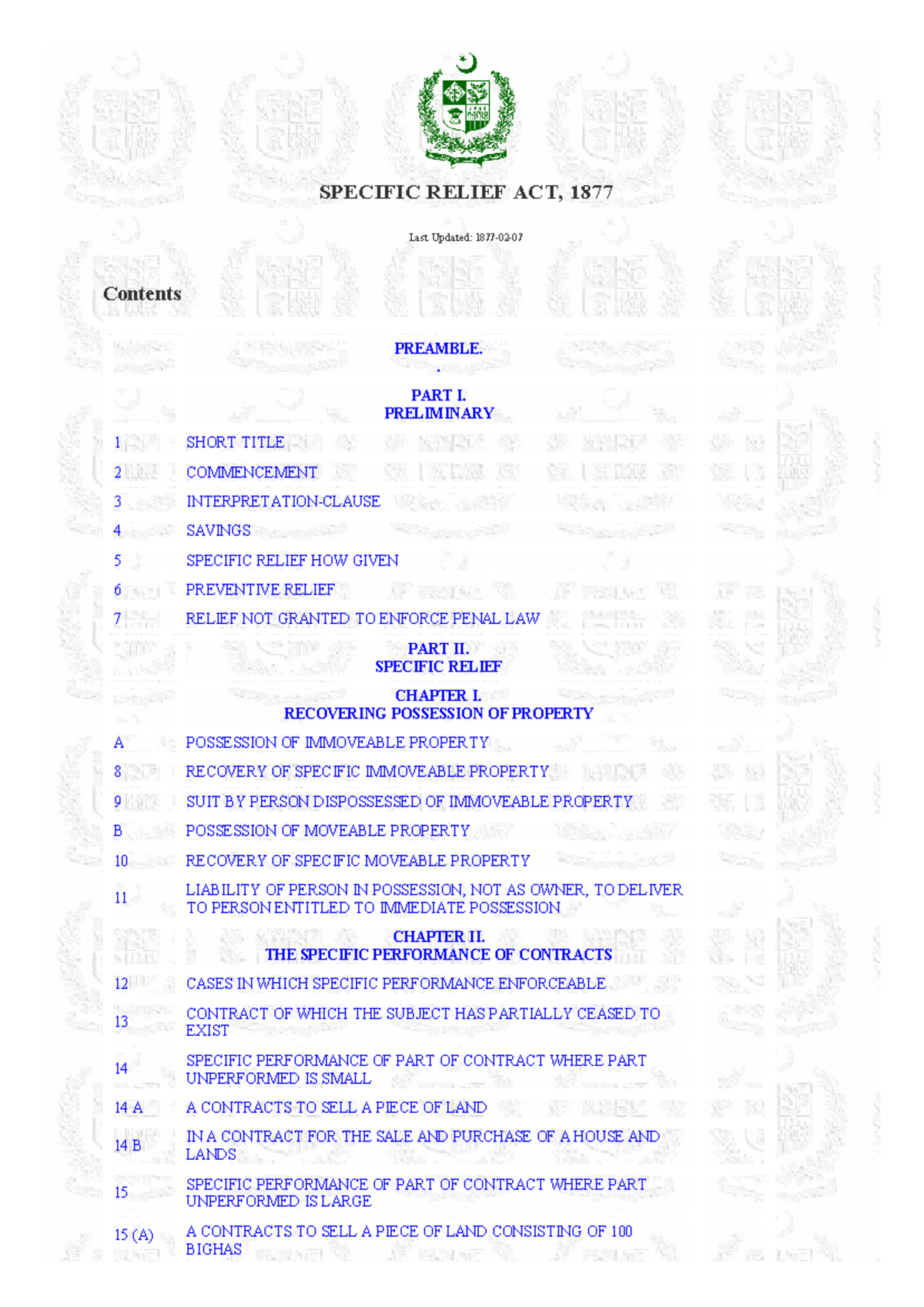 Specific relief act in detail - SPECIFIC RELIEF ACT, Last Updated: 1877 ...
