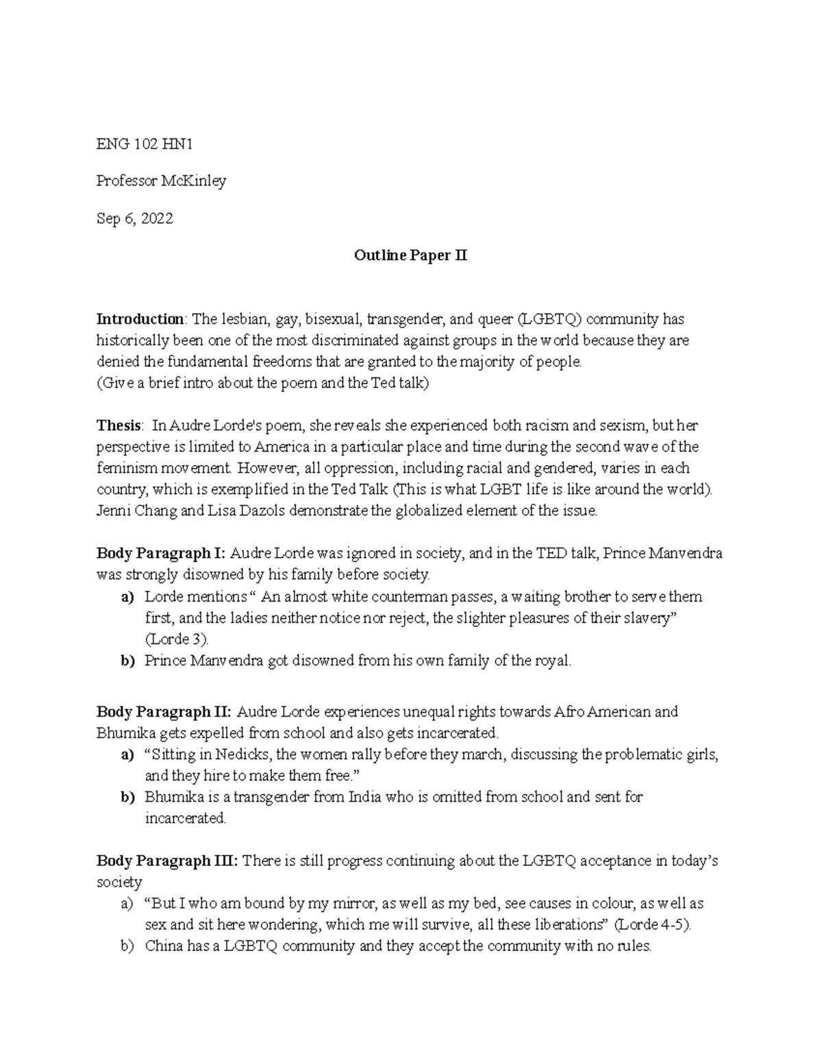 ENG 102 Outline 2 - Professor Mc.Klinsey - ENG 102 HN Professor ...