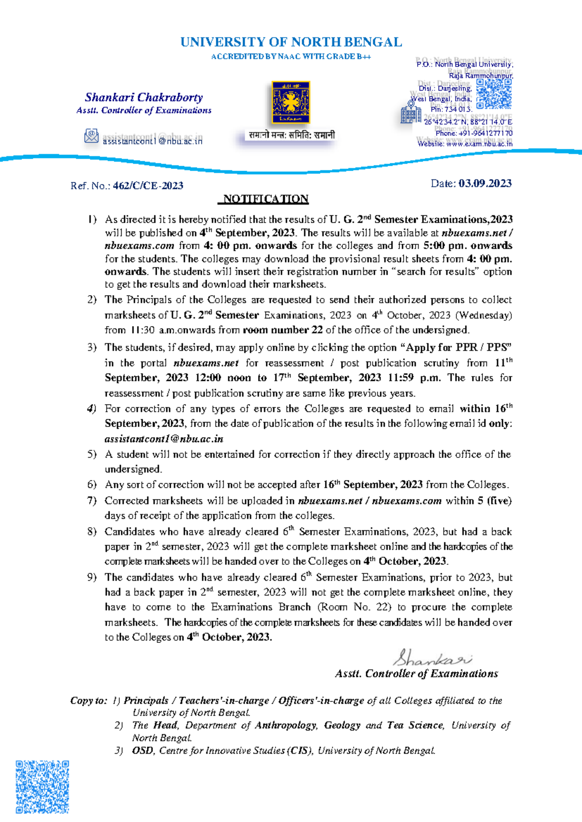 Notification for Results 03 - UNIVERSITY OF NORTH BENGAL ACCREDITED BY ...