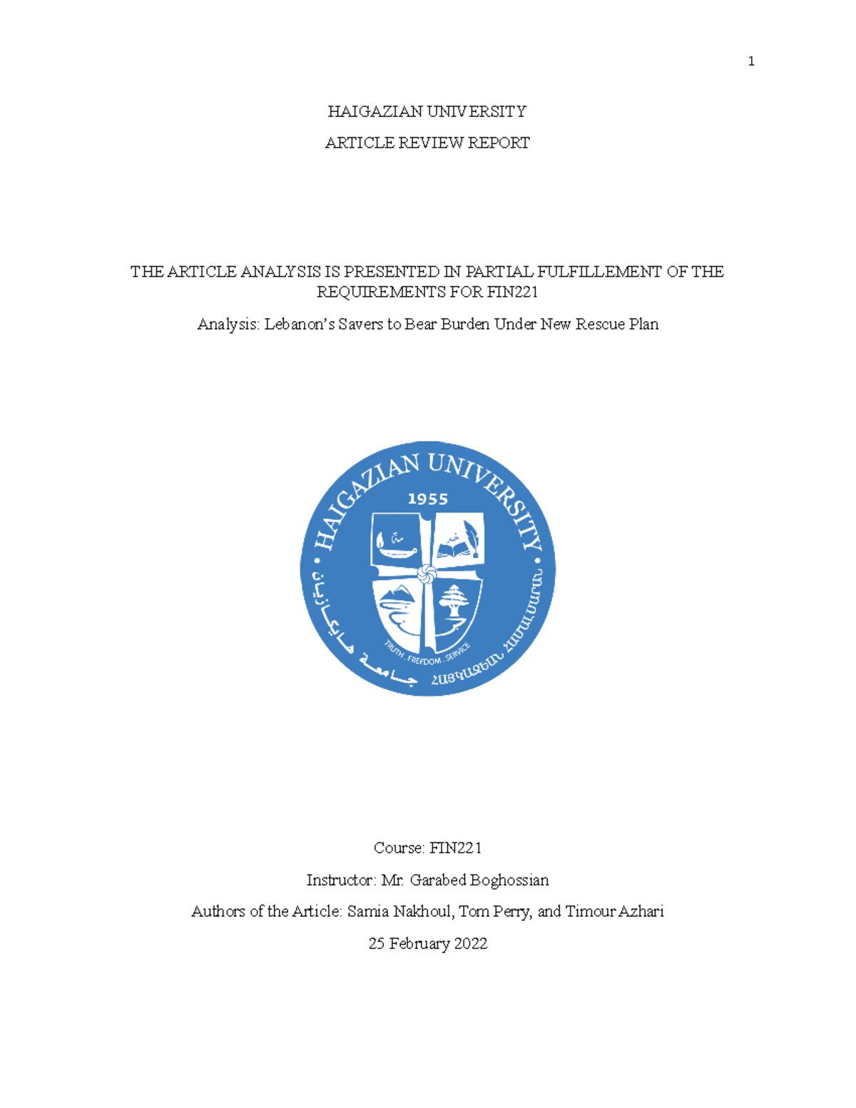 FIN221 Report 1 - HAIGAZIAN UNIVERSITY ARTICLE REVIEW REPORT THE ...