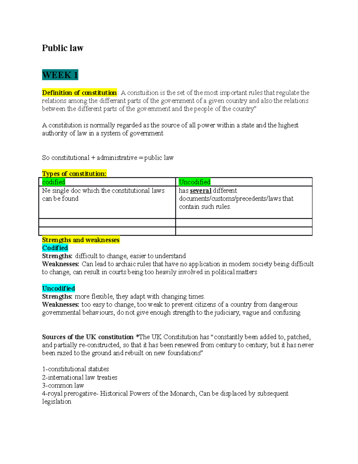 Public law notes - Public law WEEK 1 Definition of constitution: A ...
