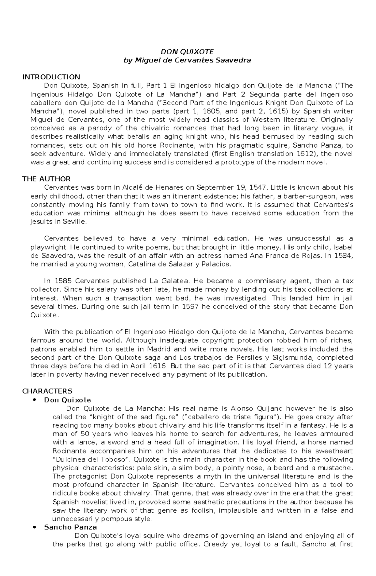 Don Quixote - These notes are helpful in the literature. - DON QUIXOTE ...