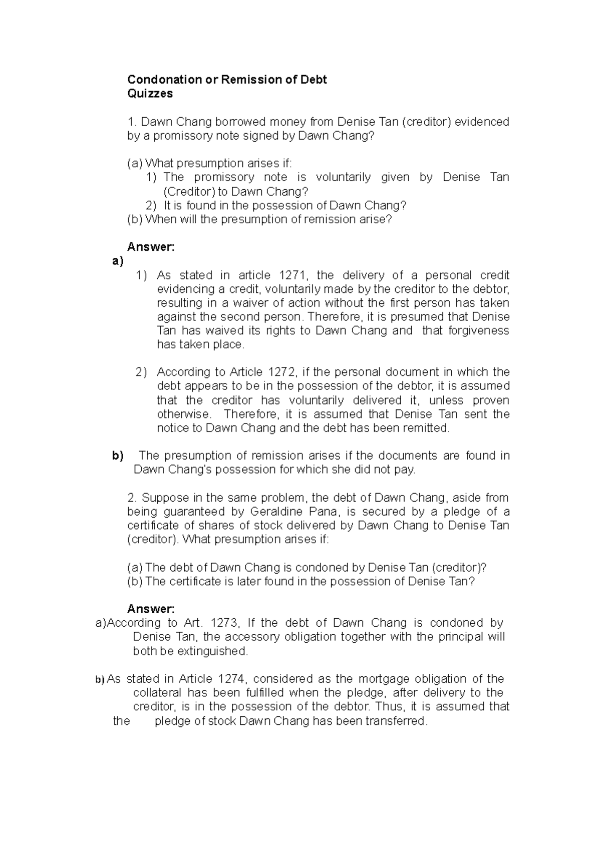 Quiz#9 - asd - Condonation or Remission of Debt Quizzes Dawn Chang ...