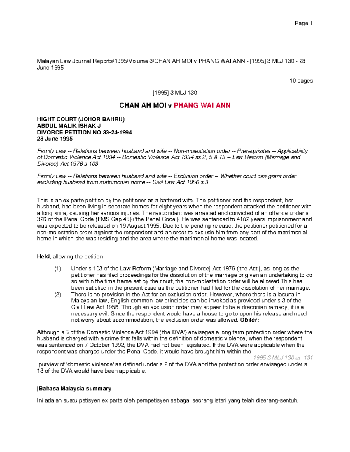 CHAN AH MOI v Phang WAI ANN - [1995] 3 MLJ 1 - Malayan Law Journal ...