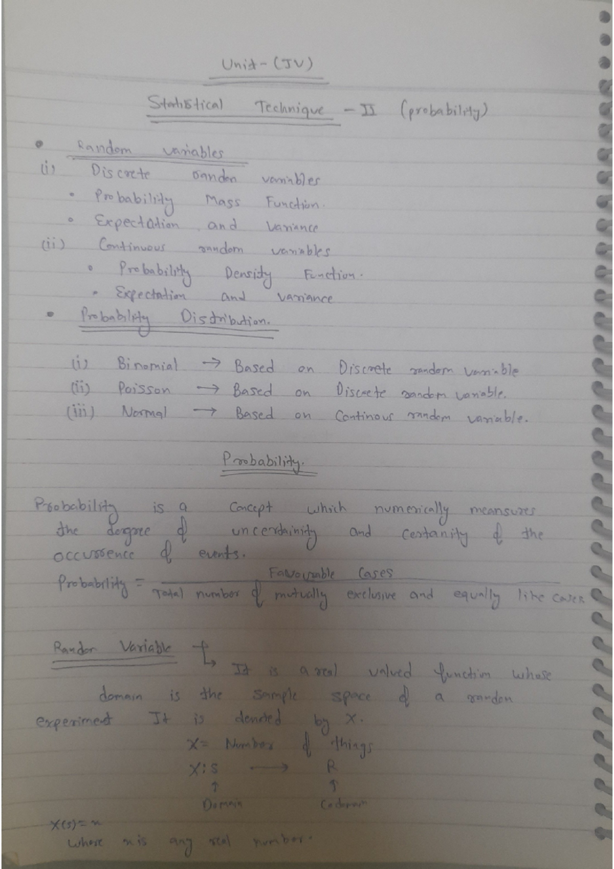 Maths 4 Unit 4 pdf - Unit (JV) Statistical Technique II (probability) Random variables (i ...