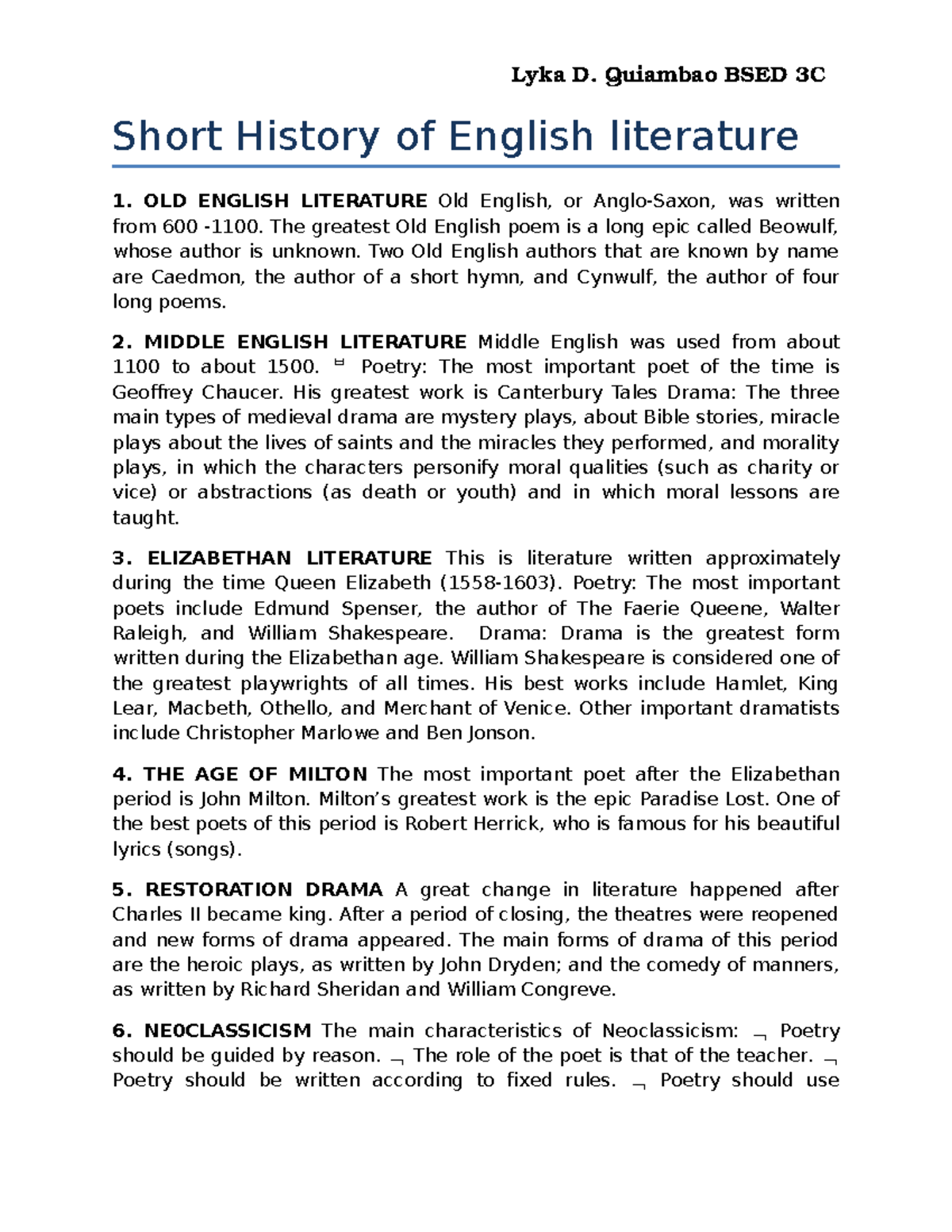 290132329 English Literature pdf - Lyka D. Quiambao BSED 3C Short ...