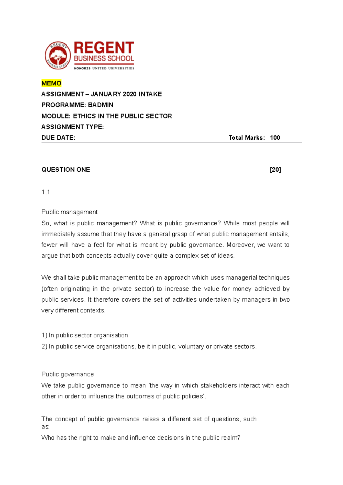 Copy of BADN Ethics in the Public Sector Memo - MEMO ASSIGNMENT ...