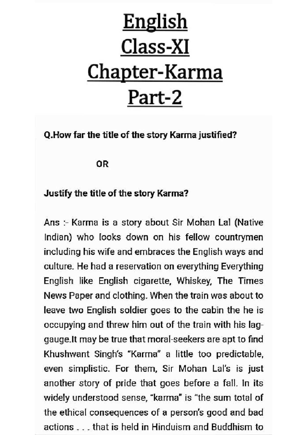 Karma questions - Literature - BSed -English - Studocu