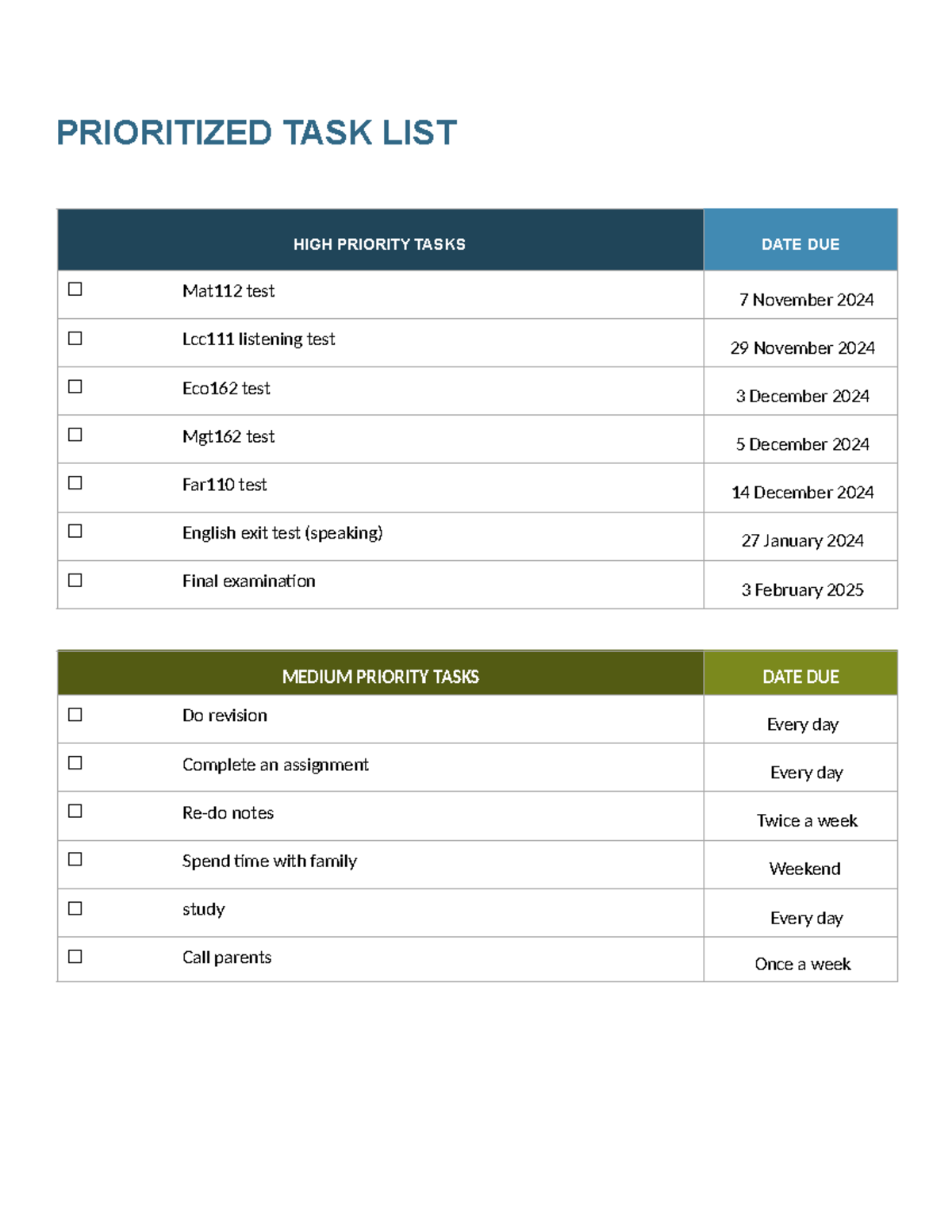 Ued portfolio-prioritized task list - PRIORITIZED TASK LIST HIGH ...