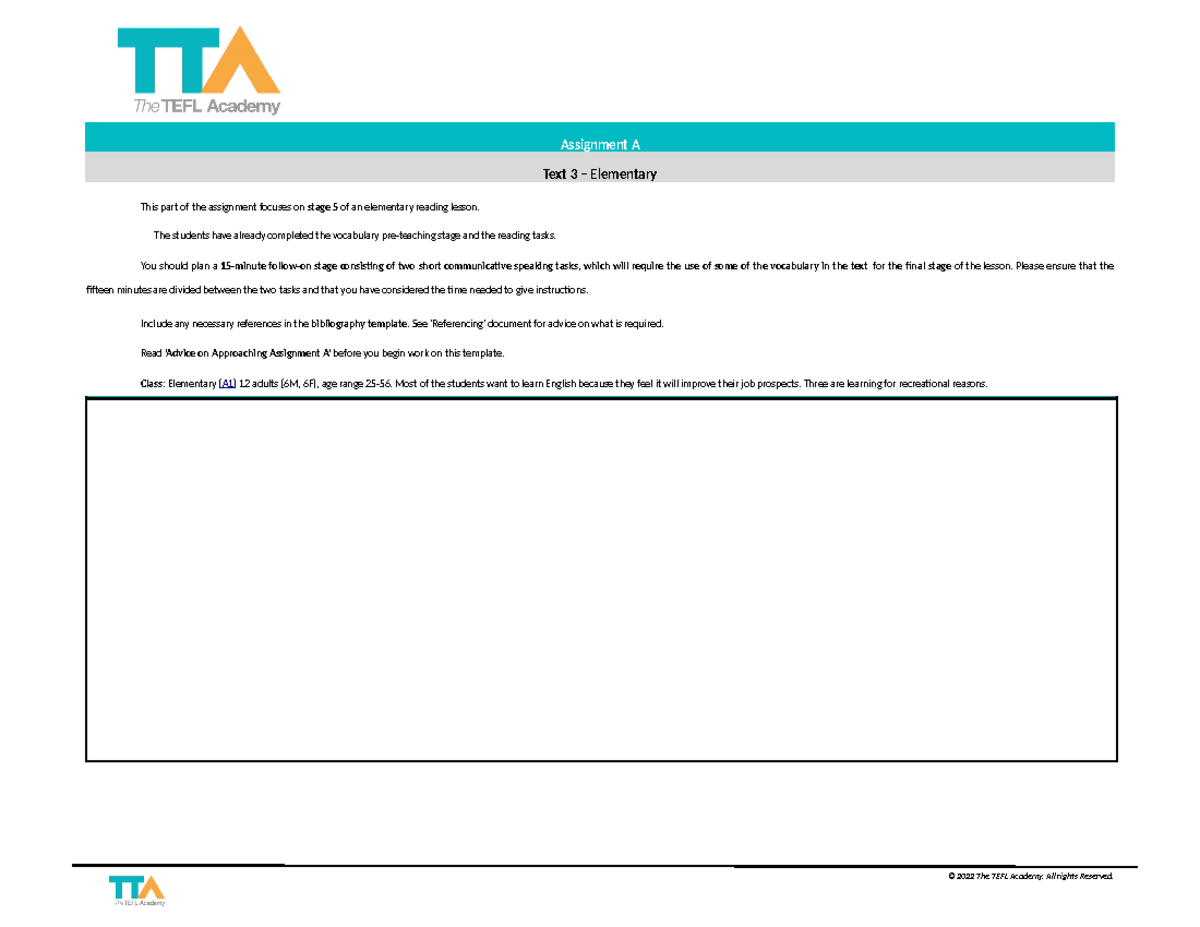 TEFL Assignment A - Assignment A Text 3 – Elementary This part of the ...