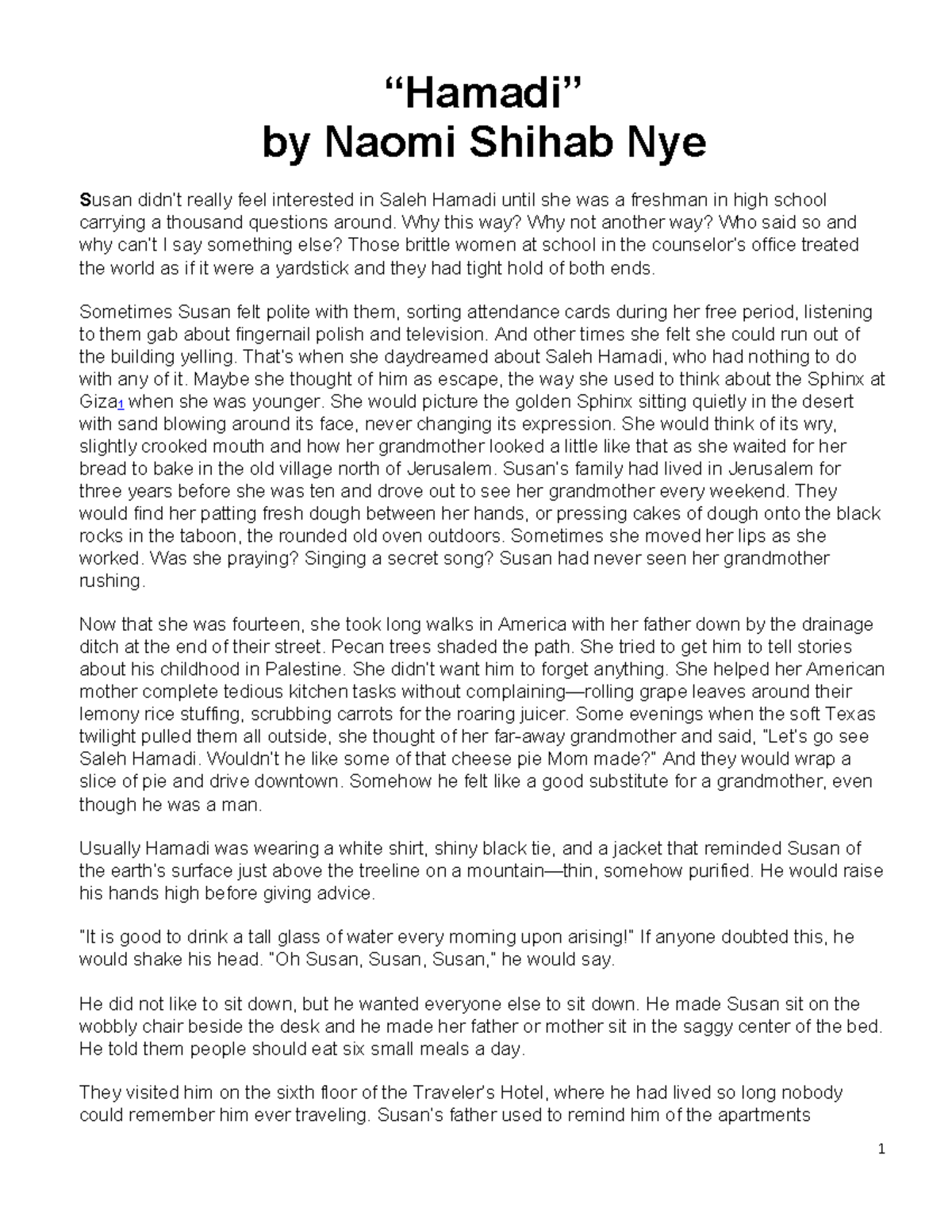 Hamadi by Naomi Shihab Nye - “Hamadi” by Naomi Shihab Nye Susan didn’t ...