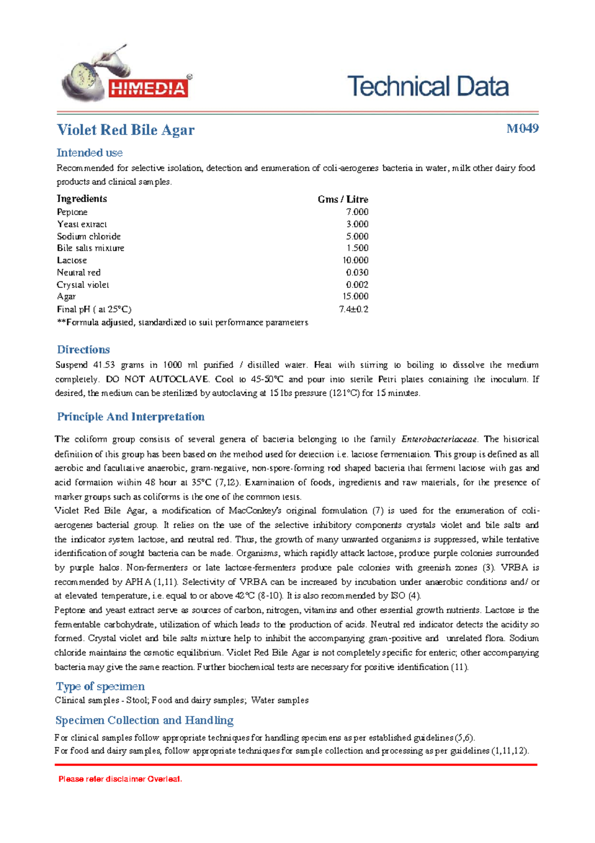 VRBA Agar - Details of Agar - Violet Red Bile Agar M Ingredients Gms ...