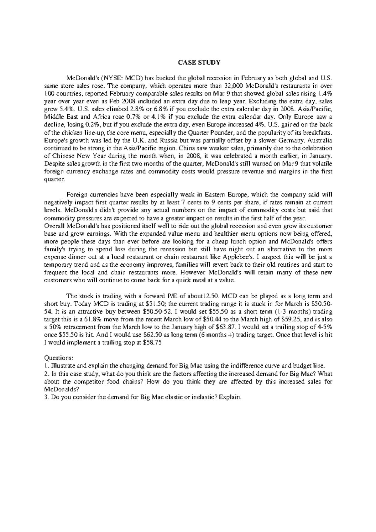 Midterm CASE Study - Activity - CASE STUDY McDonald's (NYSE: MCD) has ...