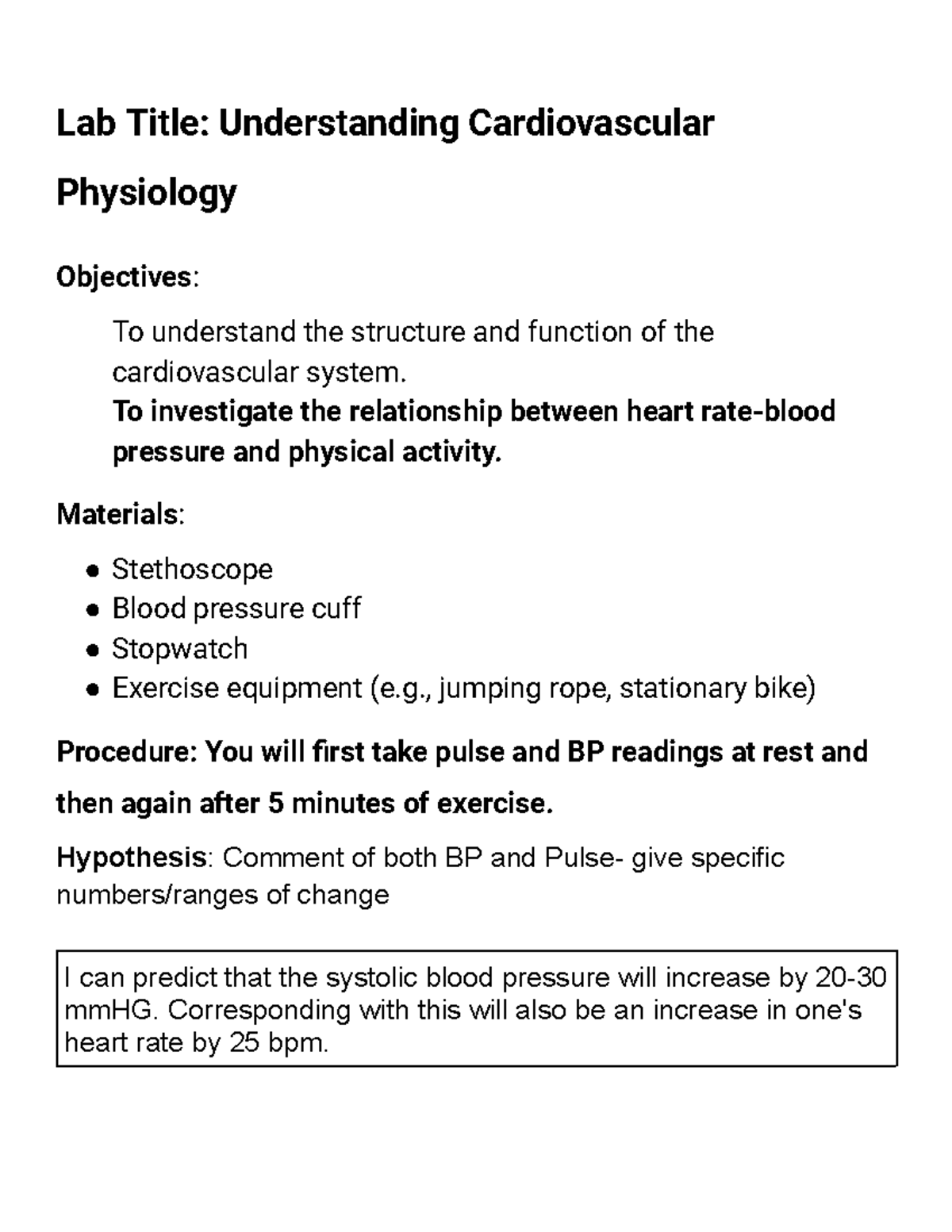 Understanding Cardiovascular Physiology - Lab Title: Understanding ...