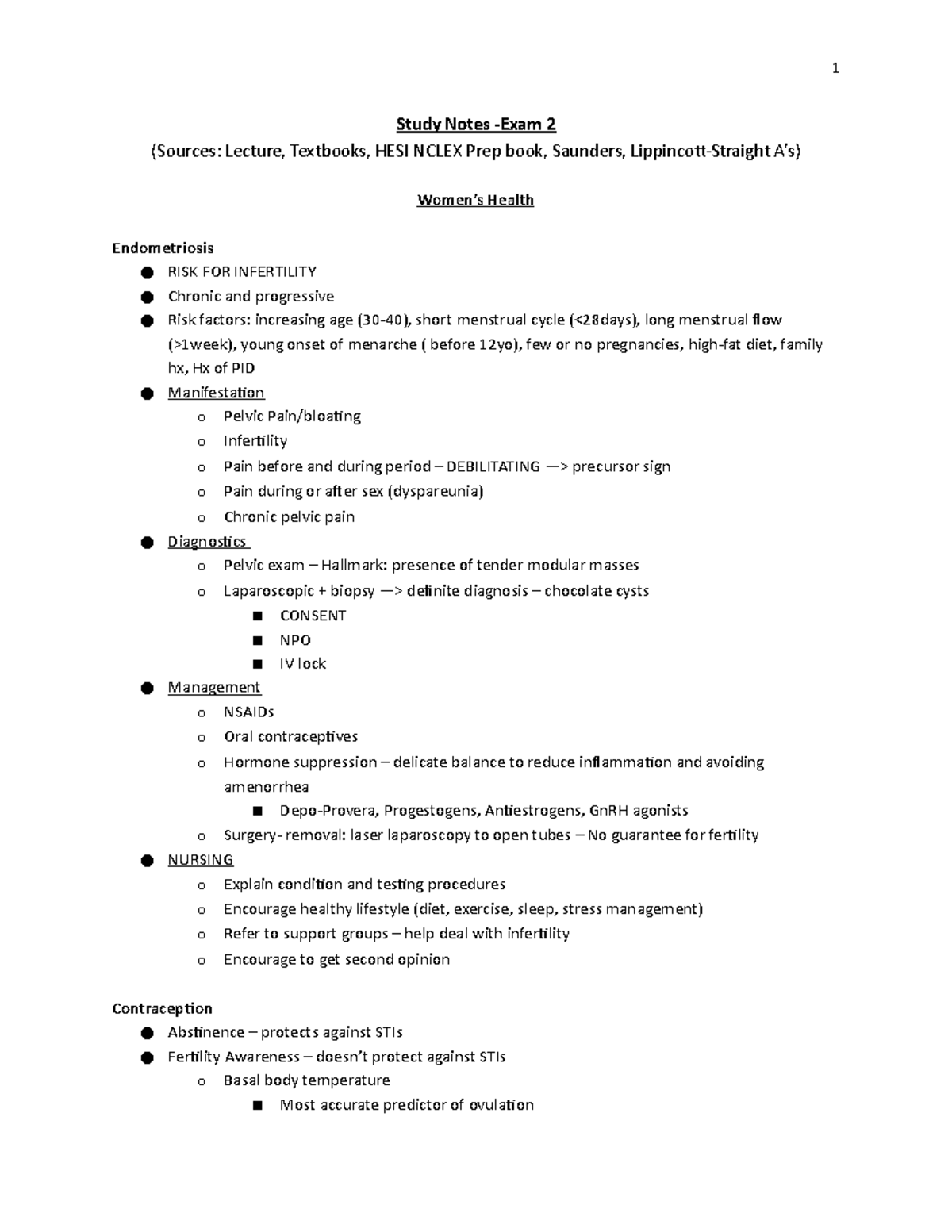 NU201 Exam 2- Study notes - Study Notes -Exam 2 (Sources: Lecture ...